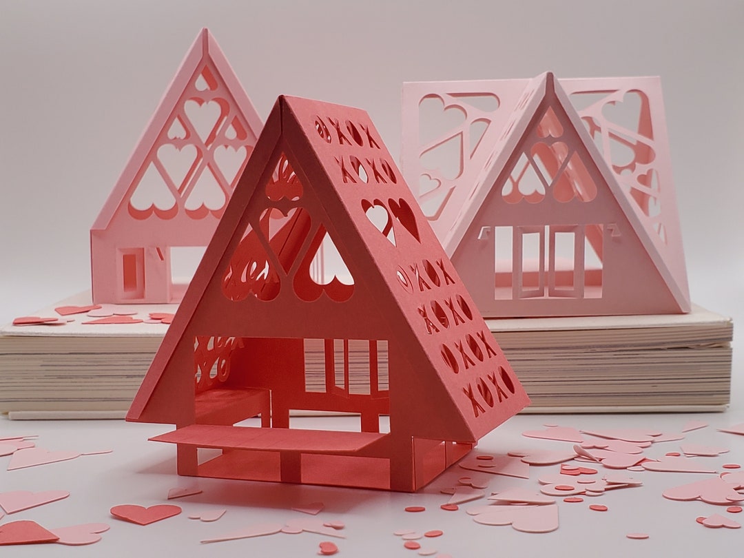 Valentine's Day 3D Paper House SVG Bundle, A-frame Cabin With Deck ...