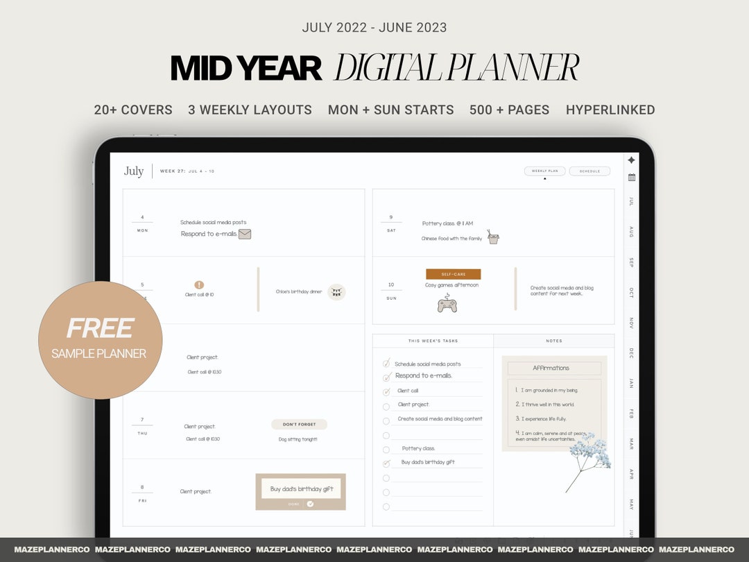 2022 2023 Digital Planner Mid Year Digital Planner Minimal Hyperlinked ...