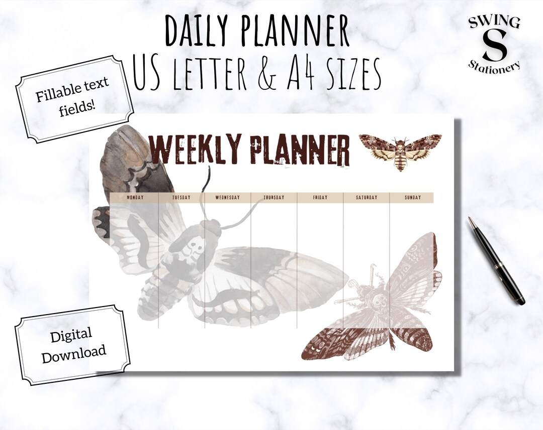 Weekly Planner Printable Landscape, Death's Head Moth Weekly Schedule ...
