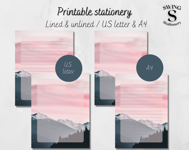 Mountain Printable Writing Paper, Pastel Mountain Downloadable Note ...