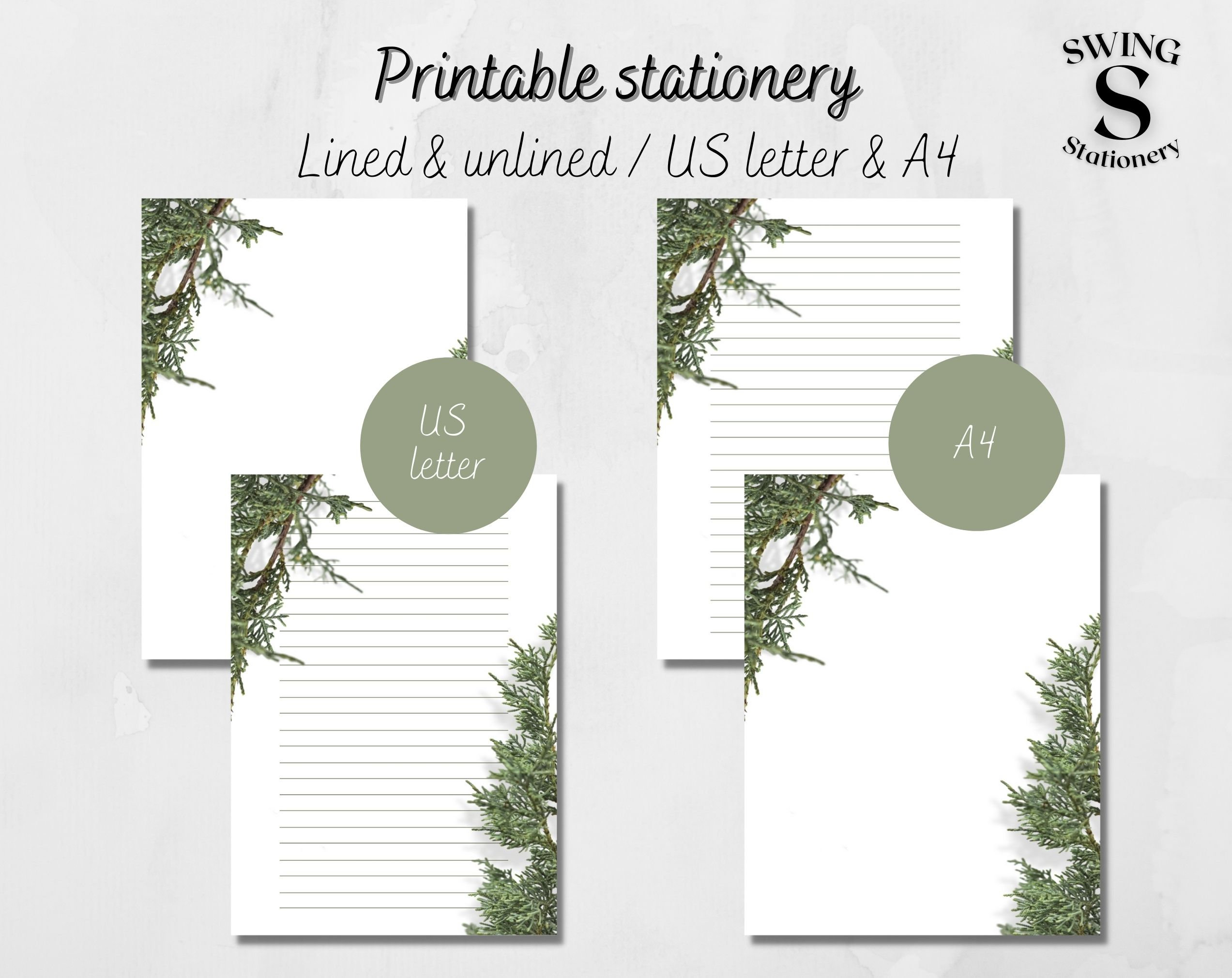 Pine Branch Writing Paper, Printable Letter Paper, Downloadable Note ...