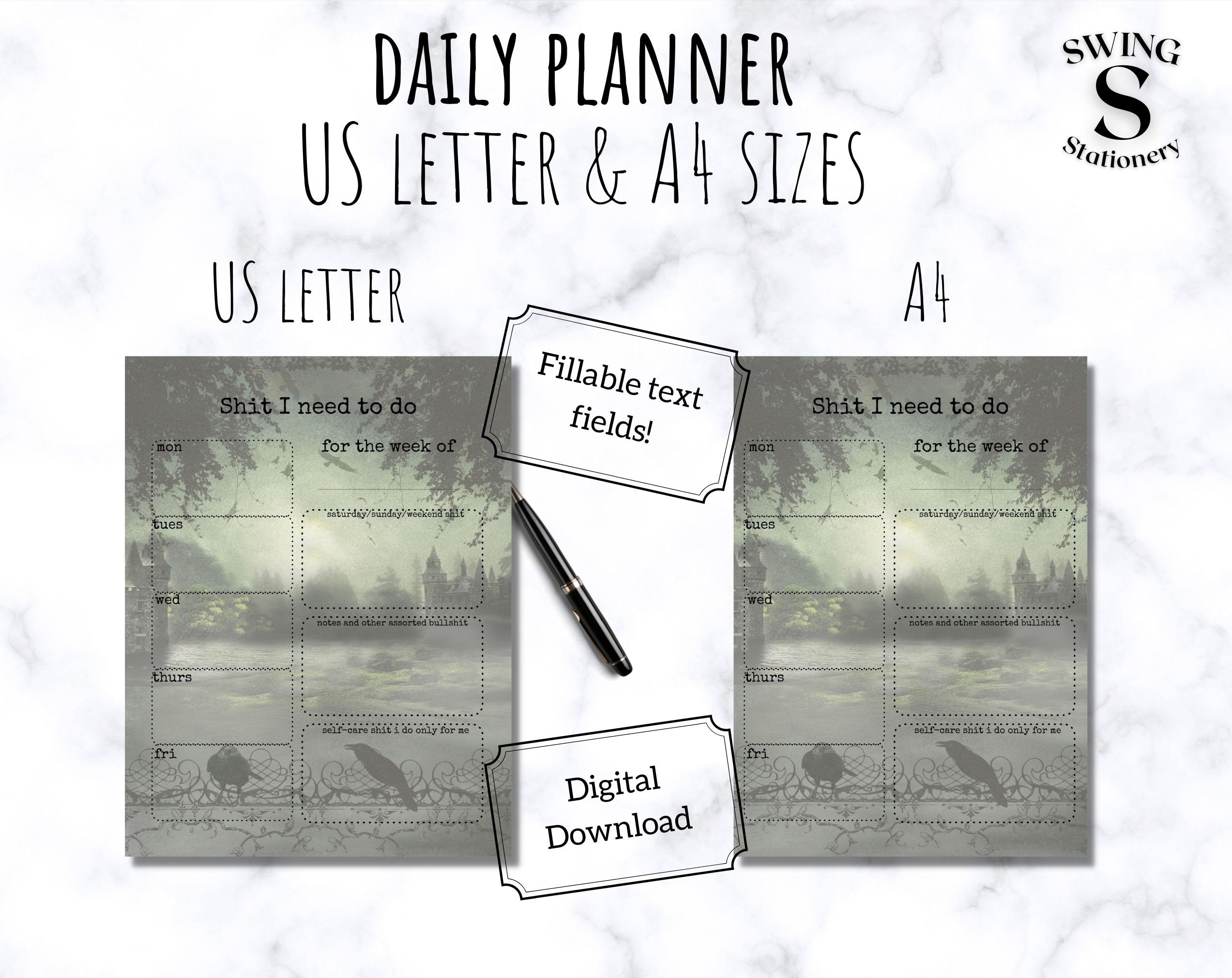 Gothic Weekly Planner Printable , Raven Weekly Schedule, Shit I Need to ...