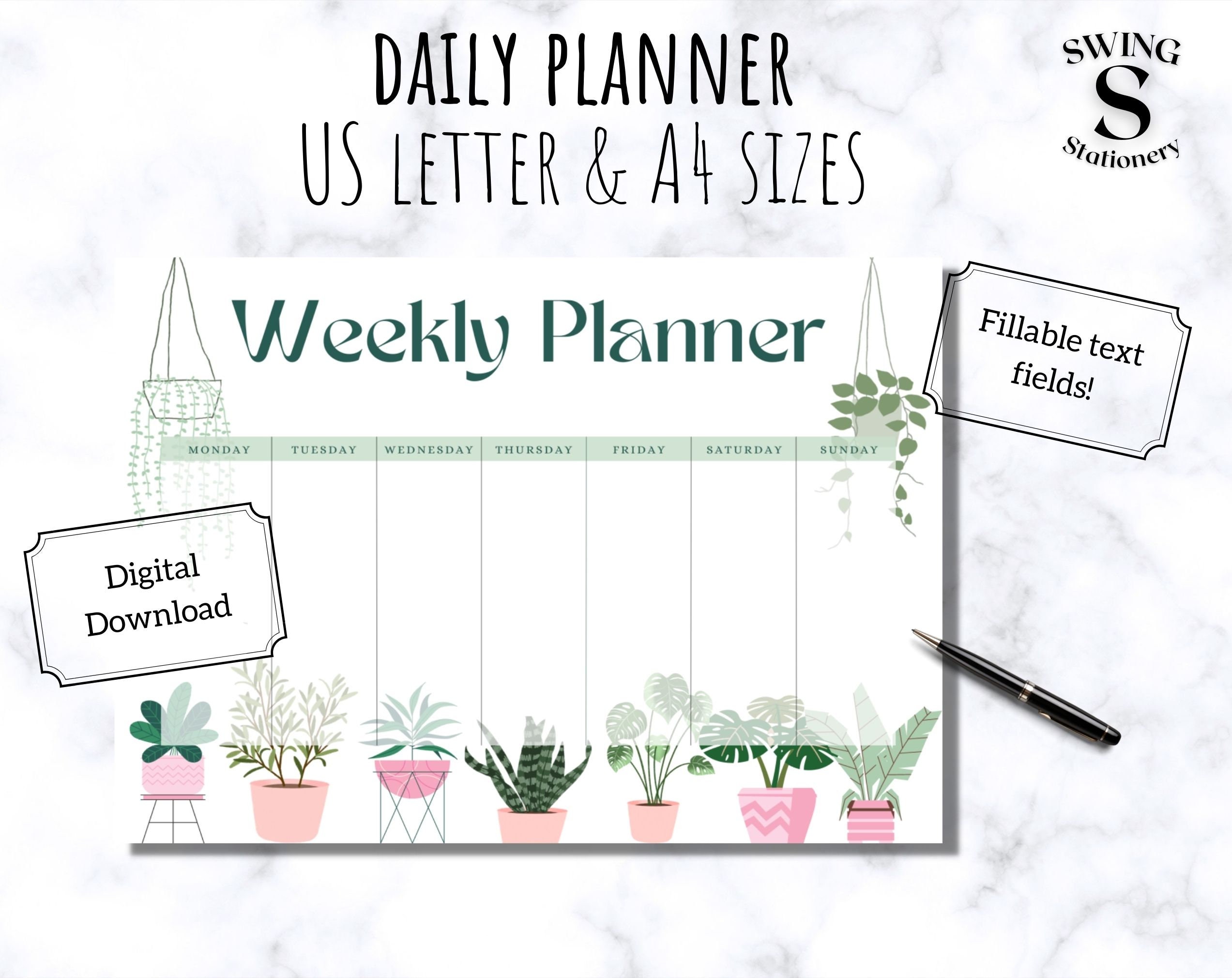 Weekly Planner Printable Landscape, Hanging Plants Weekly Schedule ...
