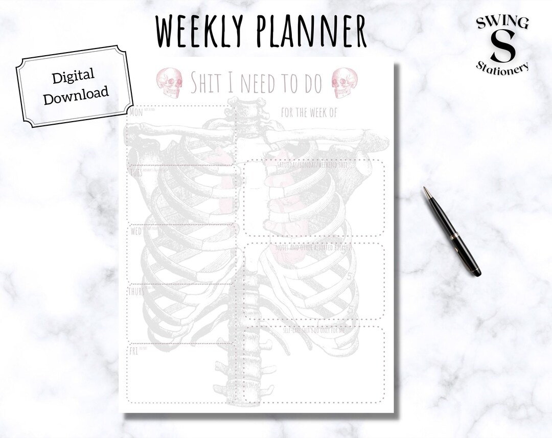 Gothic Weekly Planner Printable , Pink Weekly Schedule, Shit I Need to ...