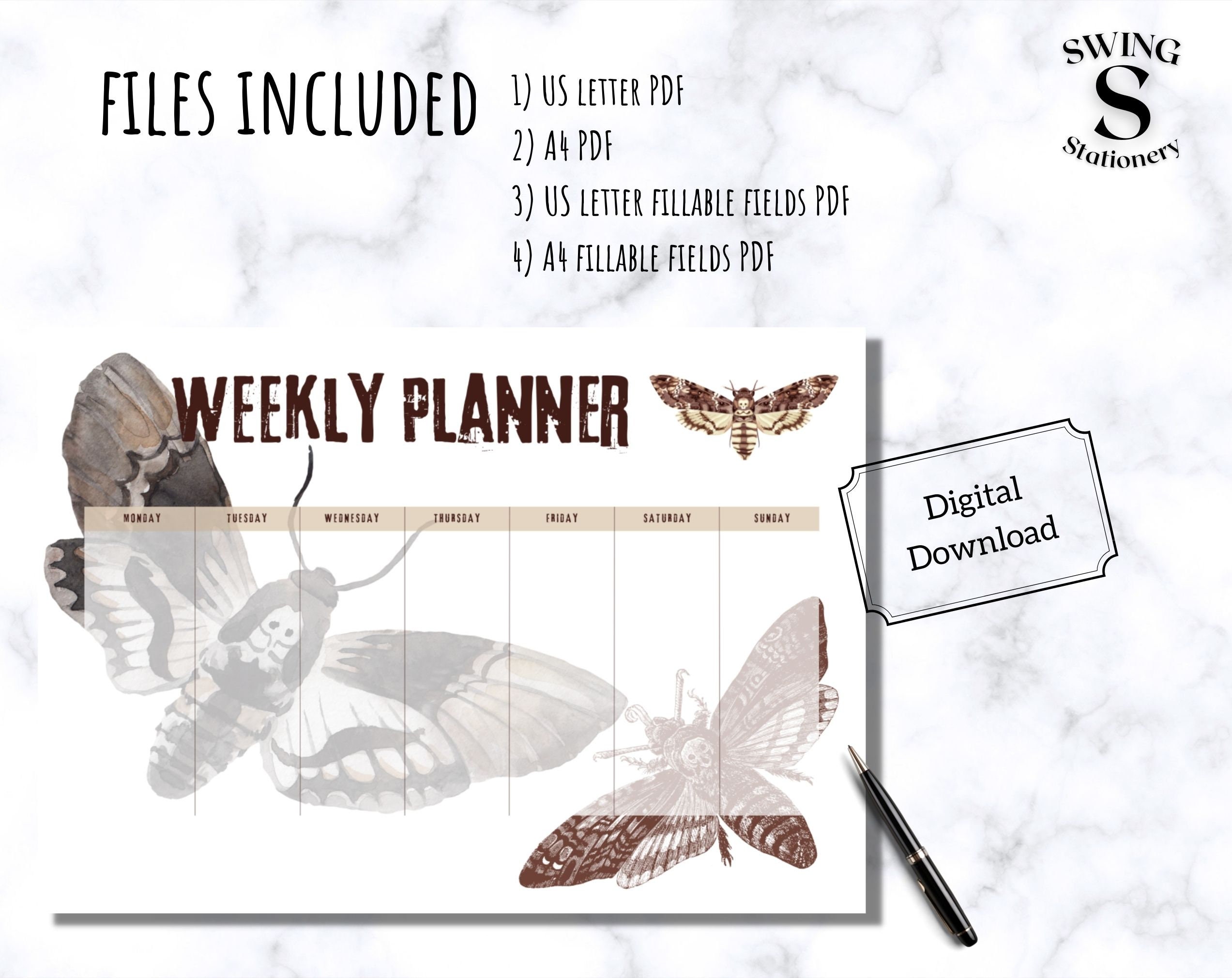 Weekly Planner Printable Landscape, Death's Head Moth Weekly Schedule ...
