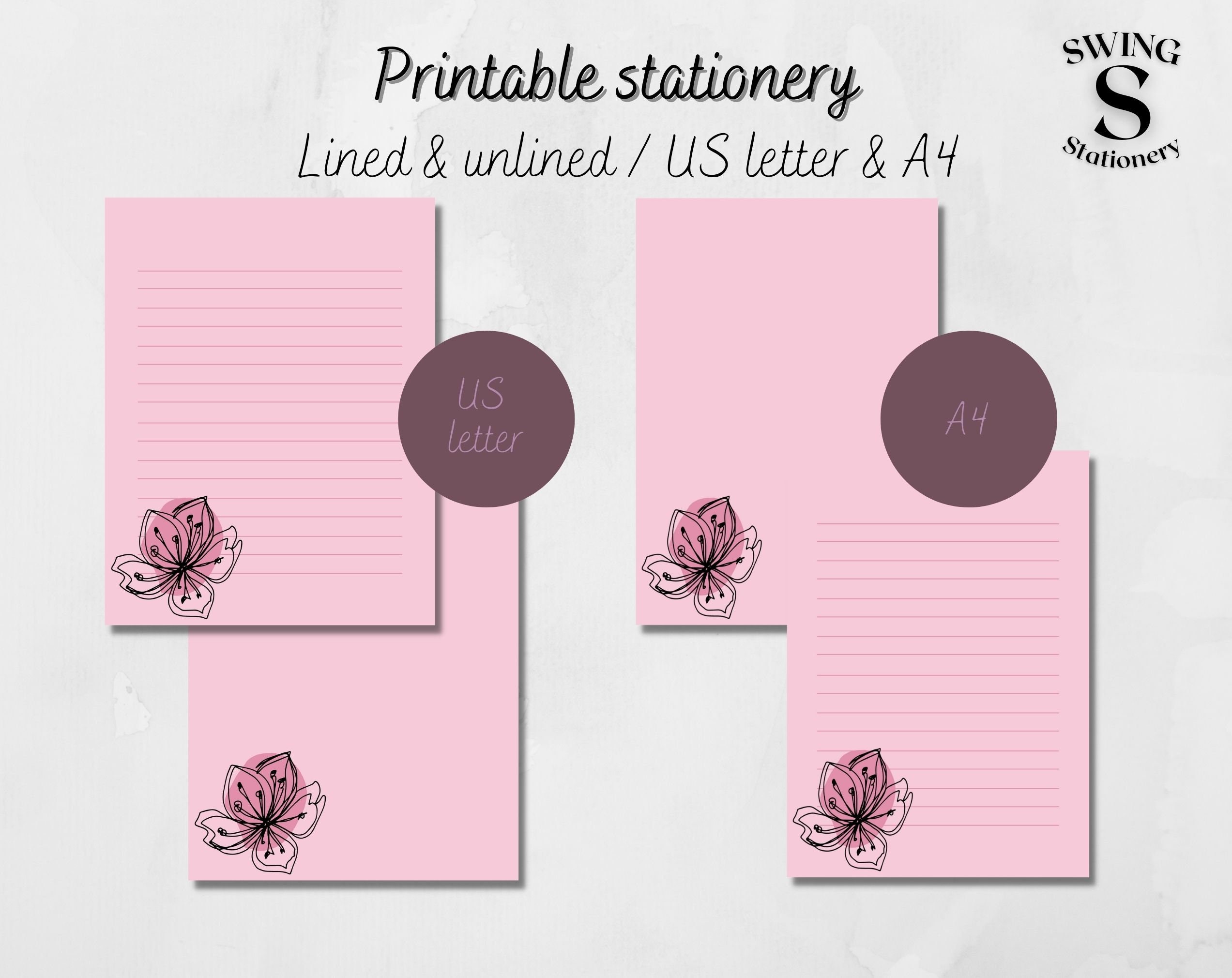 Pink Flower Printable Writing Paper, Downloadable Minimal Design Paper ...