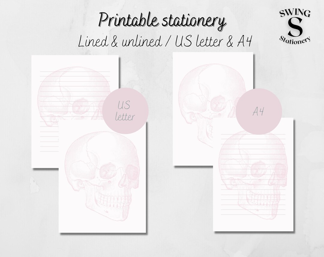 Skull Printable Writing Paper, Downloadable Pastel Pink Skull Paper ...