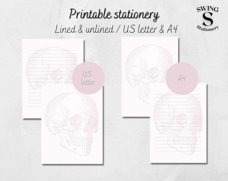 Skull Printable Writing Paper, Downloadable Pastel Pink Skull Paper ...
