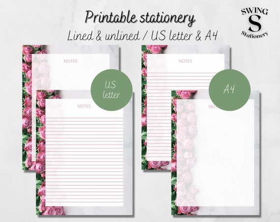 Rose Printable Writing Paper Downloadable Note Paper Rose | Etsy