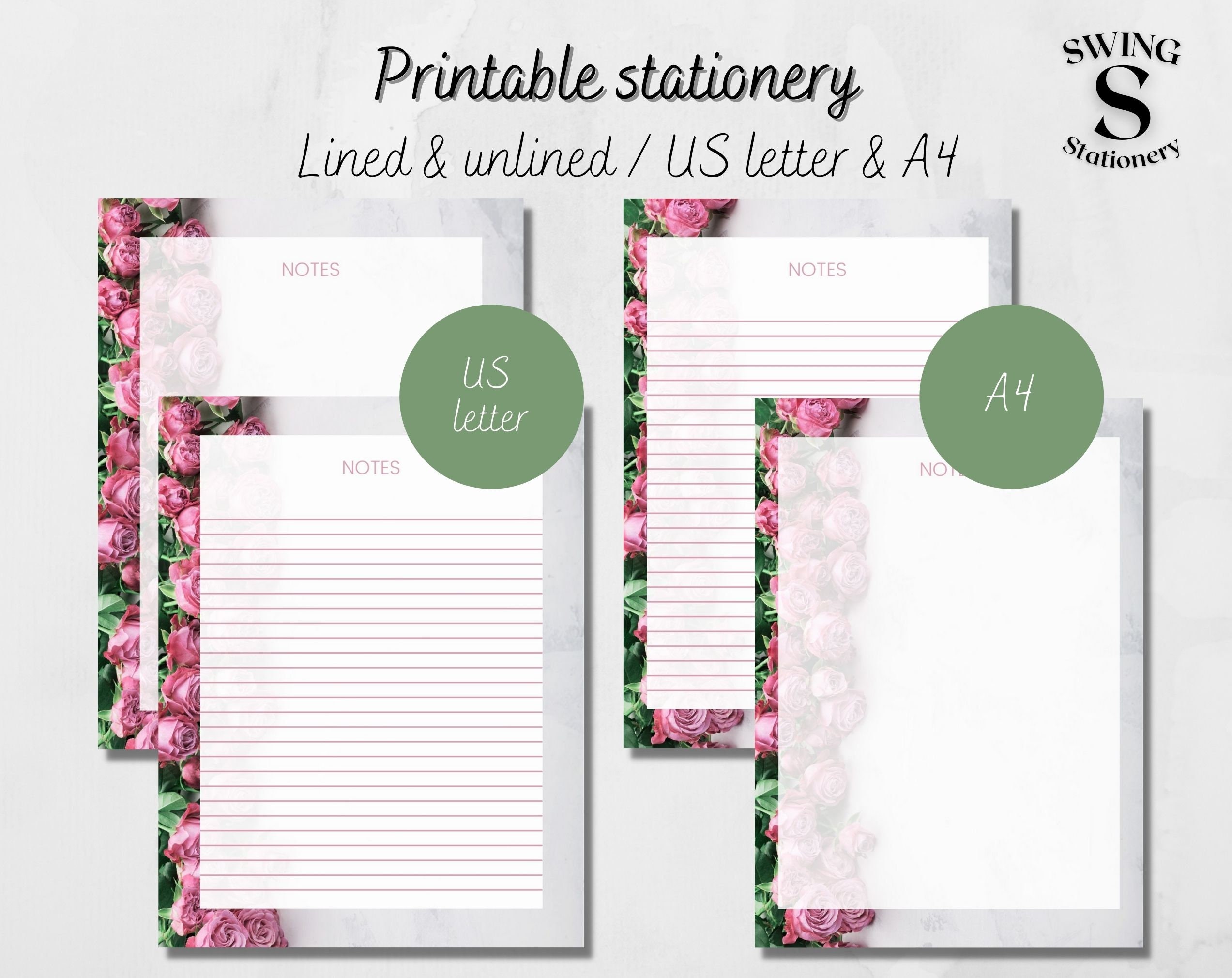 Rose Printable Writing Paper, Downloadable Note Paper, Rose Stationery ...