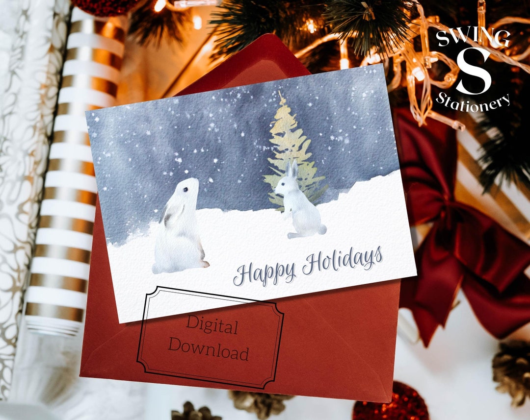Printable Holiday Card, Snowy Christmas Card, Cute Rabbits in the Snow ...
