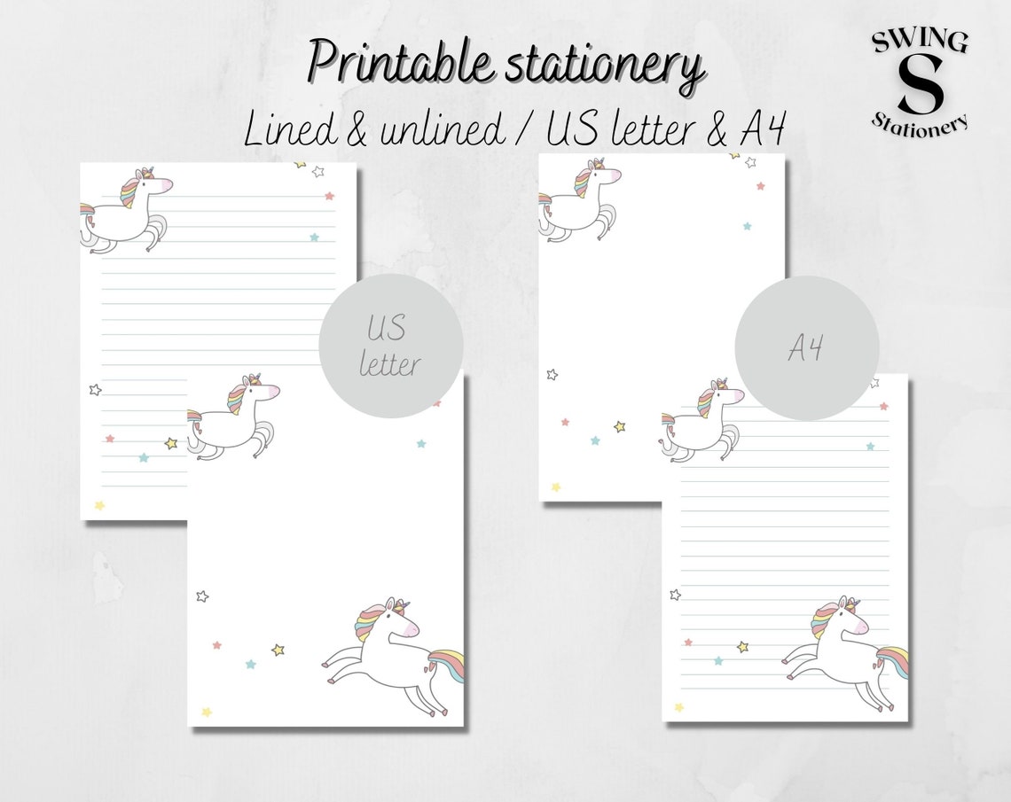Unicorn Printable Writing Paper, Downloadable Unicorn Doodle Design ...