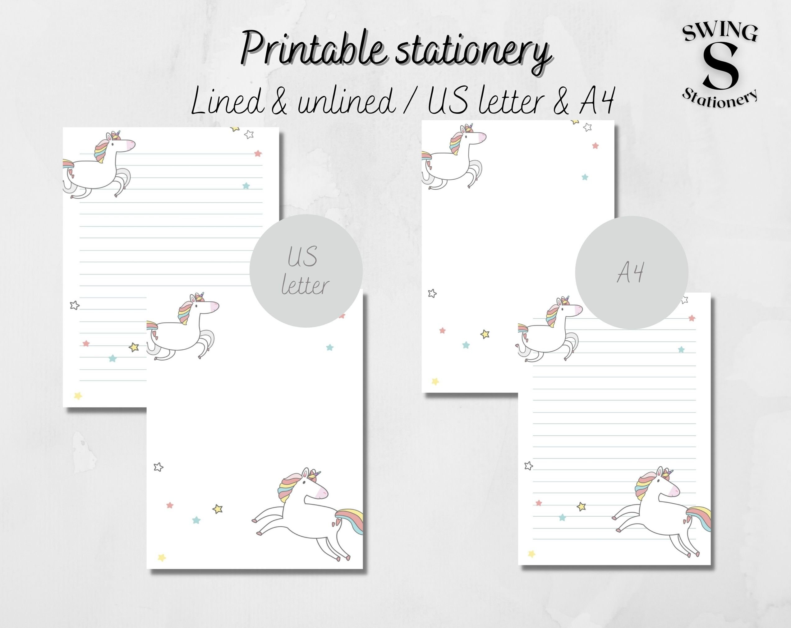 Unicorn Printable Writing Paper, Downloadable Unicorn Doodle Design ...