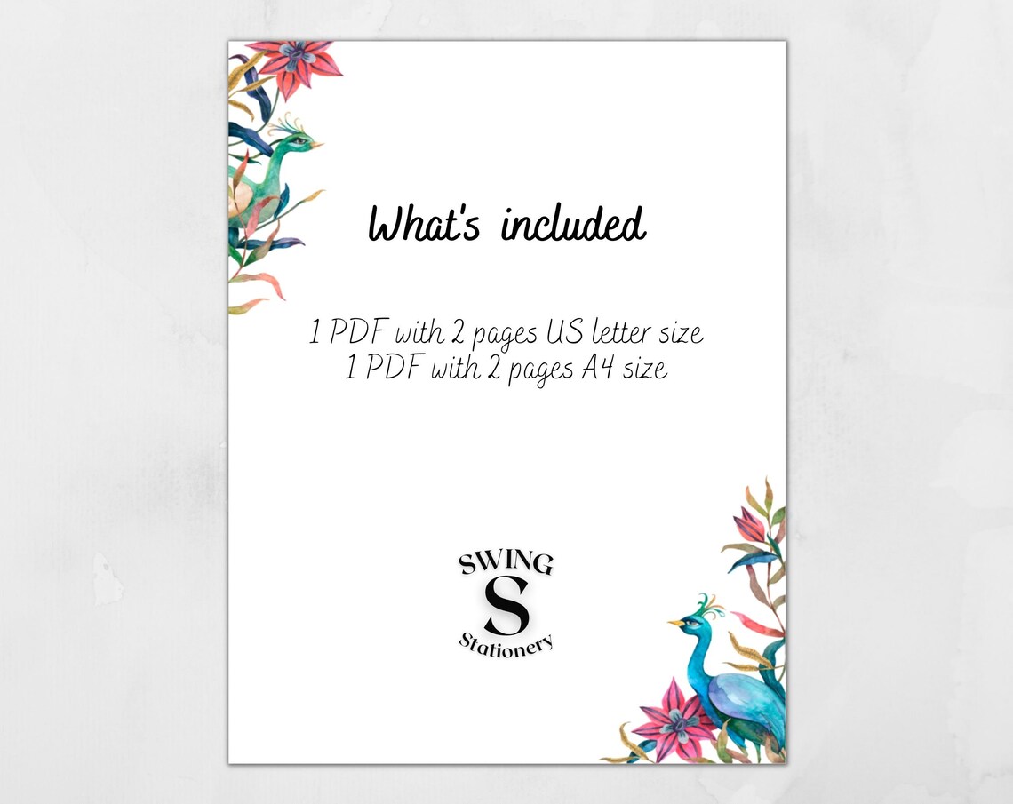 Peacock Printable Writing Paper, Printable Letter Paper, Downloadable ...