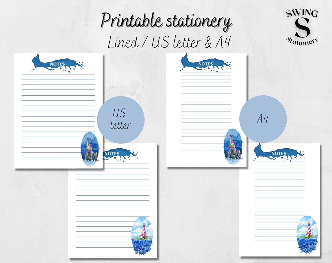 Lighthouse Lined Printable Writing Paper, Downloadable Lined Note Paper ...