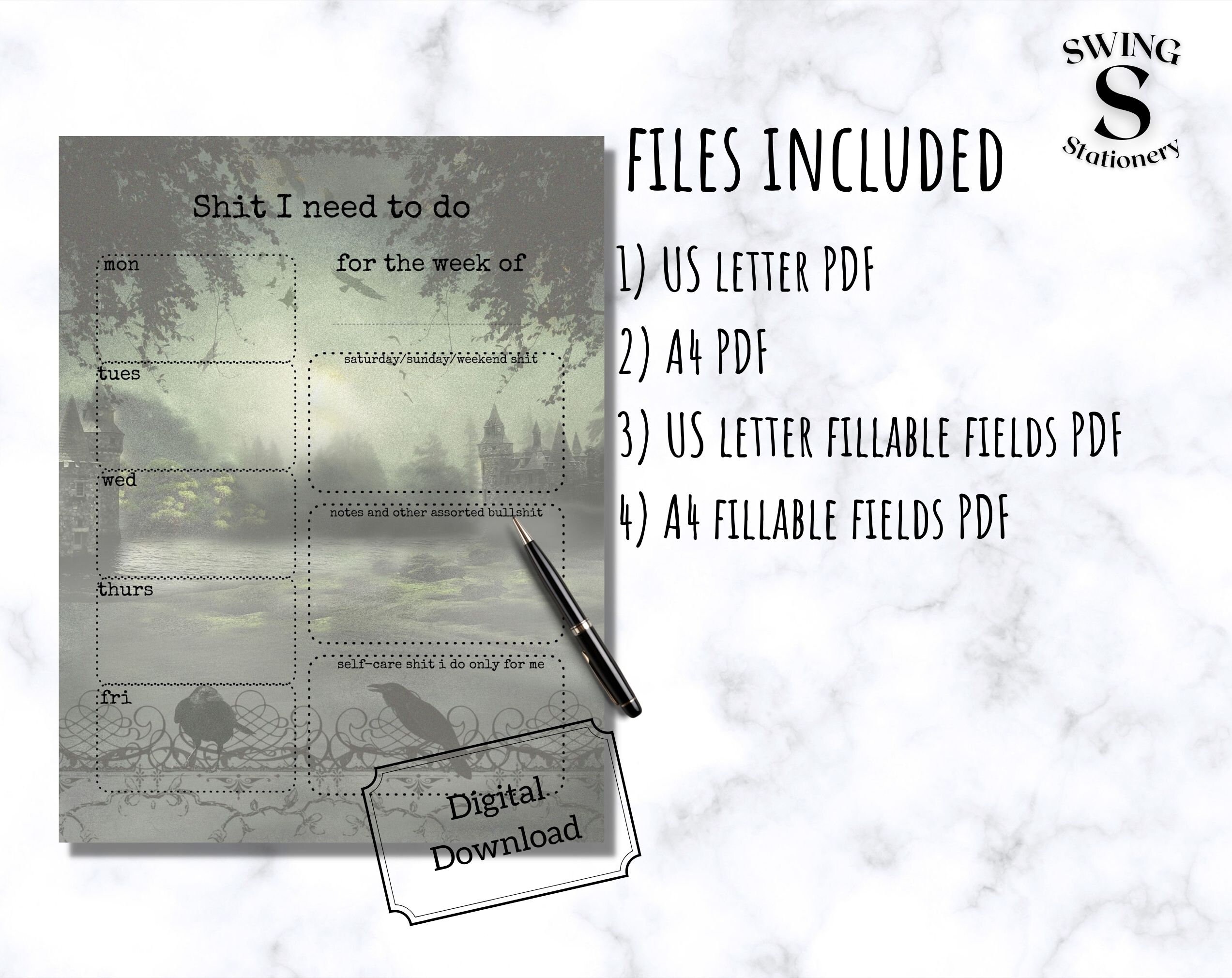 Gothic Weekly Planner Printable , Raven Weekly Schedule, Shit I Need to ...