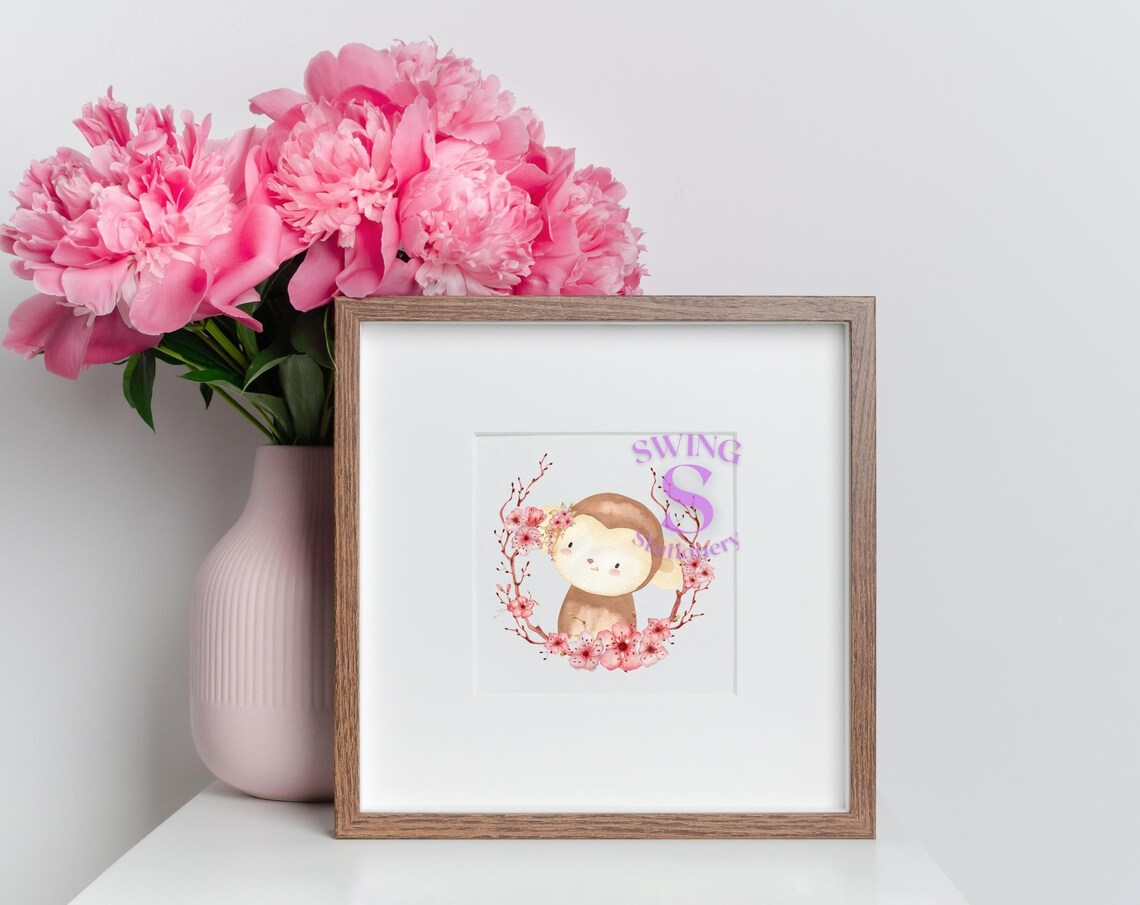 Baby Monkey Sakura, Cherry Blossom Clipart, Jungle Animal Clipart, Cute ...