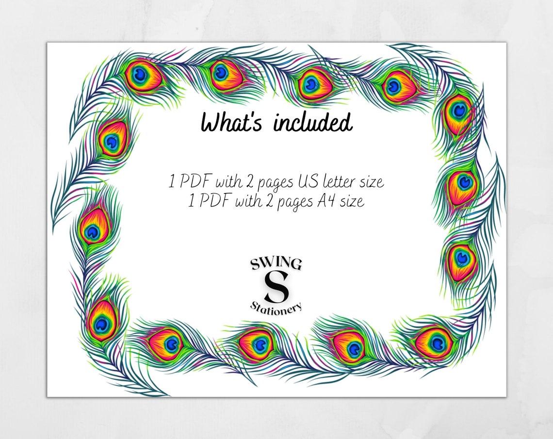 Peacock Feather Writing Paper, Printable Letter Paper, Downloadable ...
