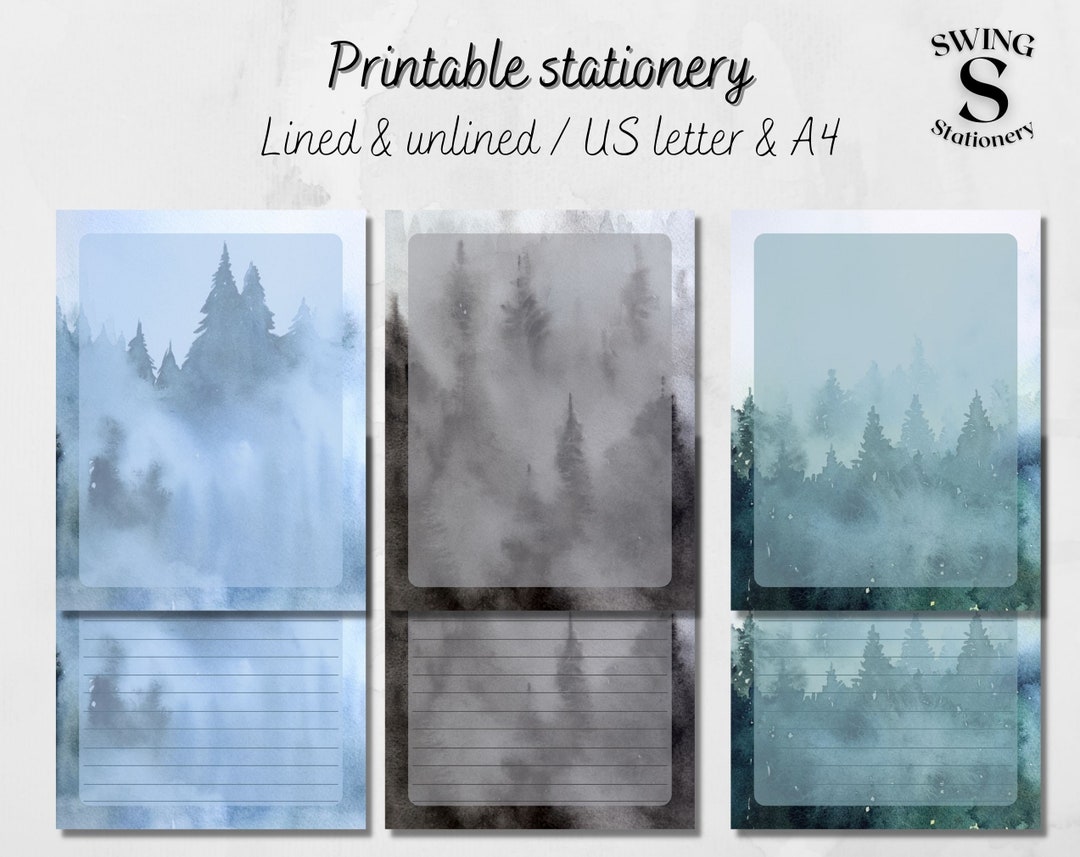 Scenic Trees Printable Writing Paper, Downloadable Foggy Mountains ...