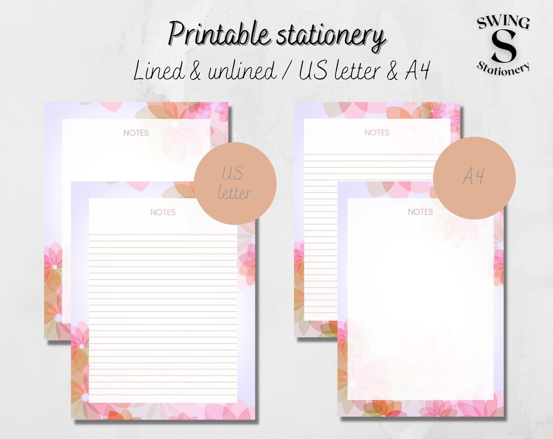 Flowery Printable Writing Paper, Downloadable Note Paper, Pink and ...