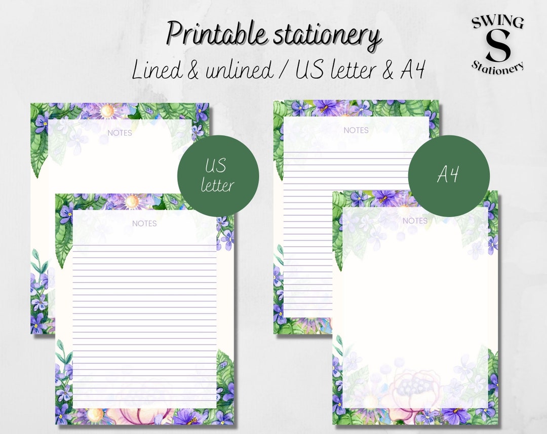 Purple Flower Printable Writing Paper, Flower Downloadable Note Paper ...