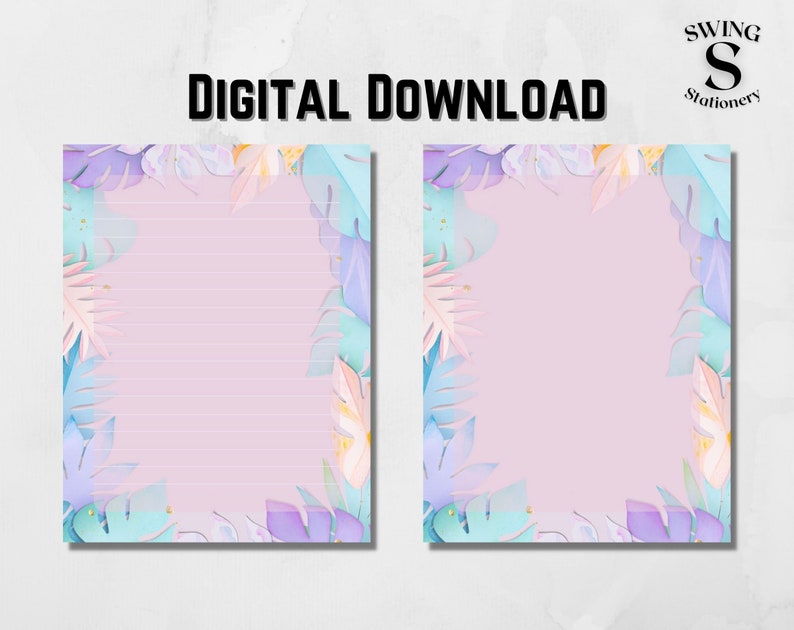 Printable Tropical Leaves Stationery, Pastel Leaves Stationery Set 2 ...