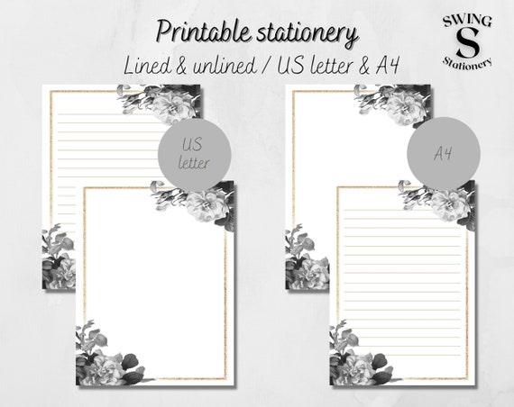 Roses Printable Stationery Paper Monochrome Printable - Etsy