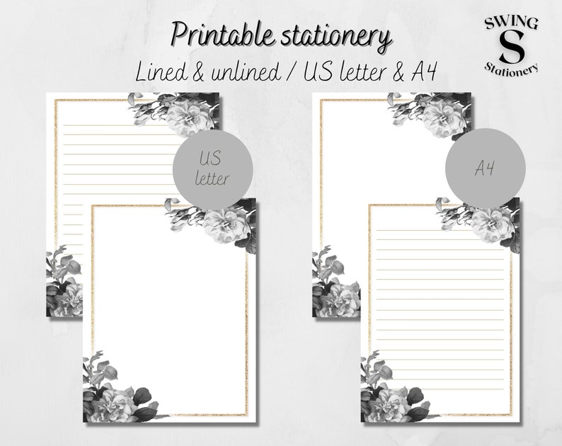 Roses Printable Stationery Paper Monochrome Printable - Etsy