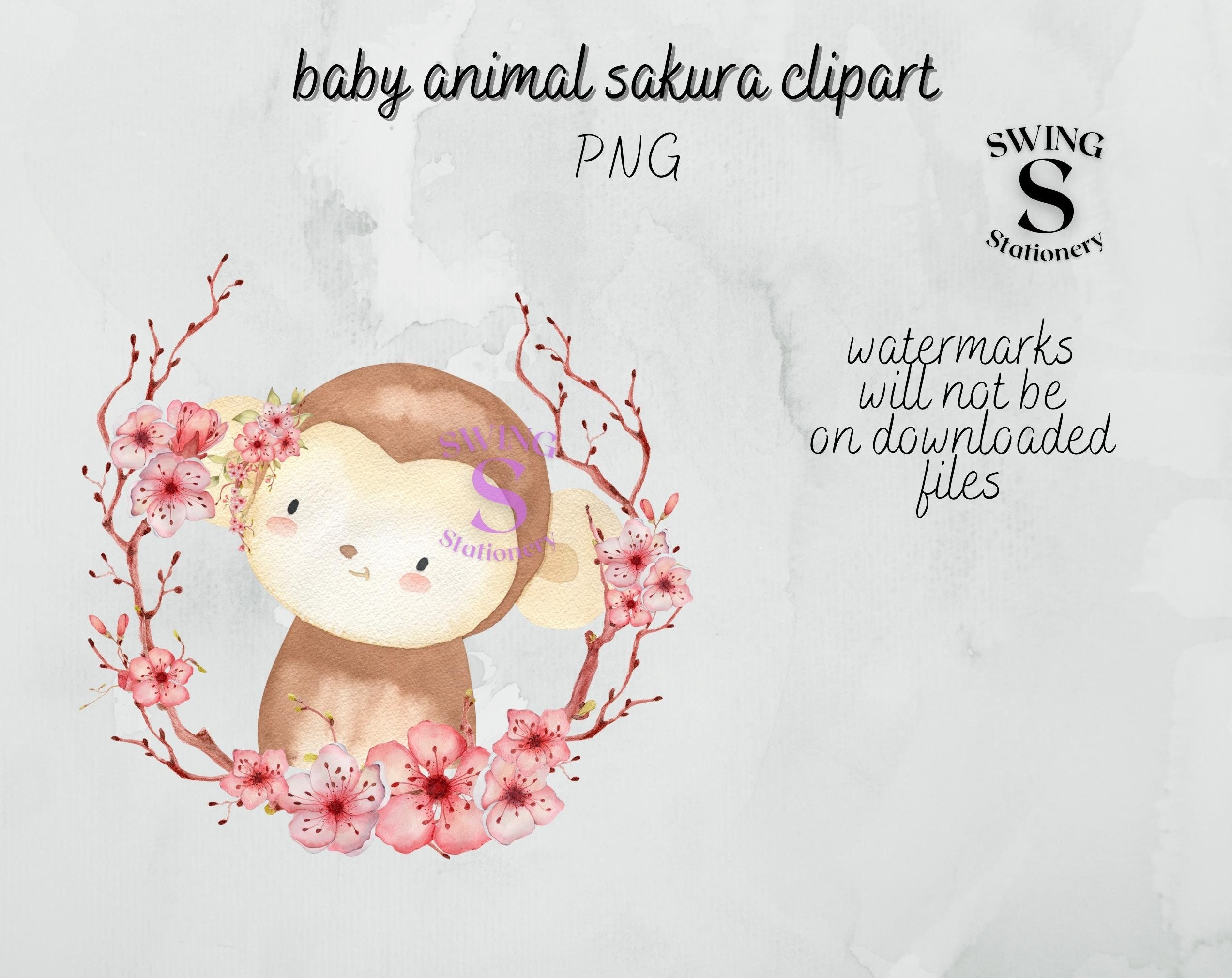 Baby Monkey Sakura, Cherry Blossom Clipart, Jungle Animal Clipart, Cute ...