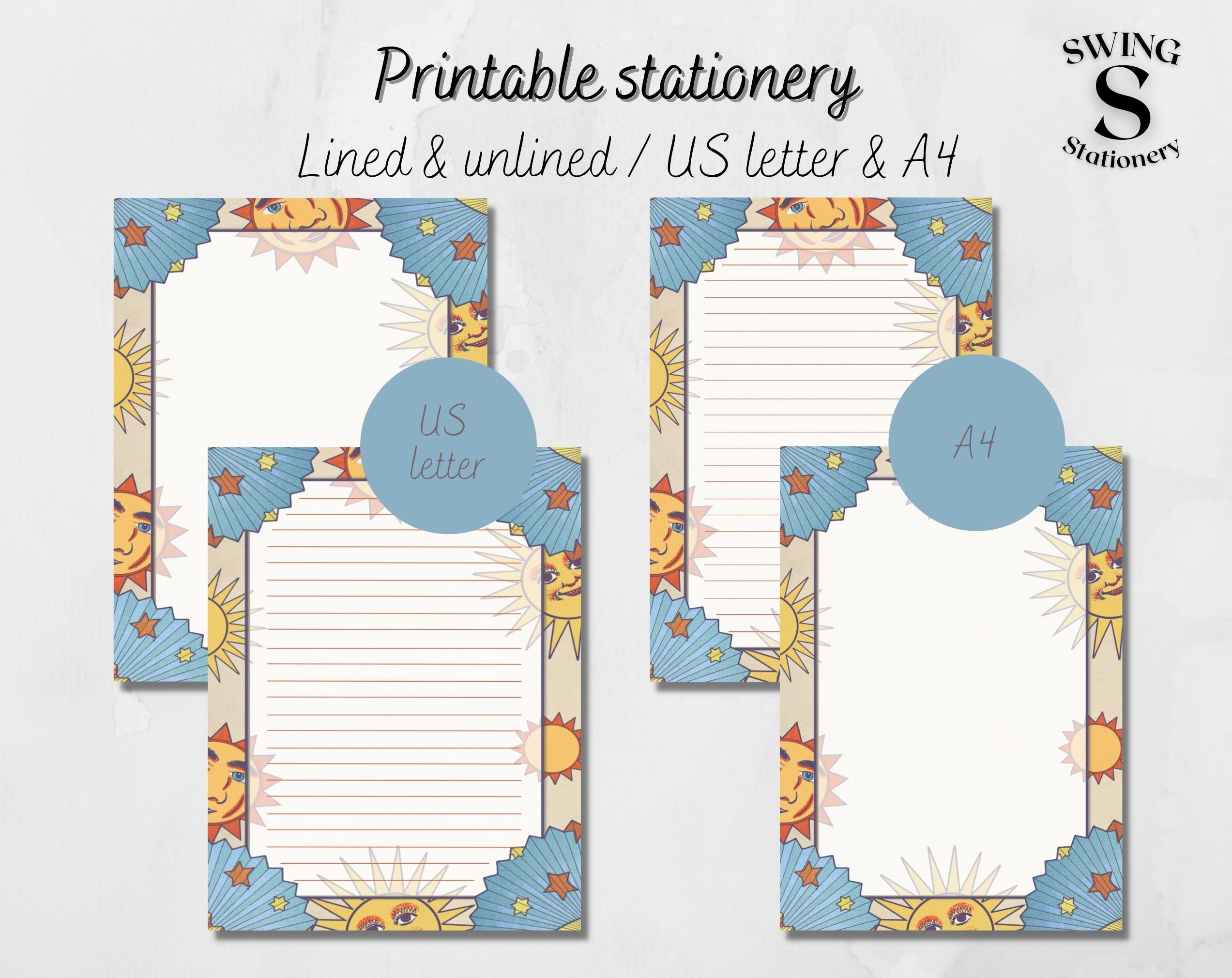 Celestial Printable Writing Paper, Printable Sun and Moon, Downloadable ...