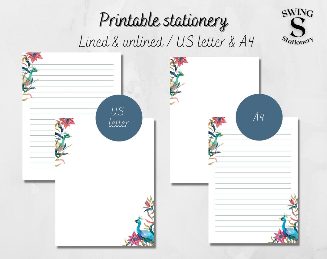 Peacock Printable Writing Paper, Printable Letter Paper, Downloadable ...
