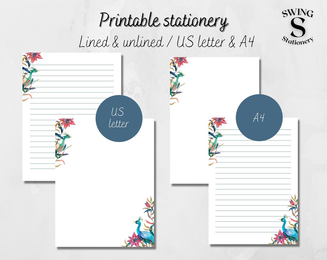 Peacock Printable Writing Paper, Printable Letter Paper, Downloadable ...