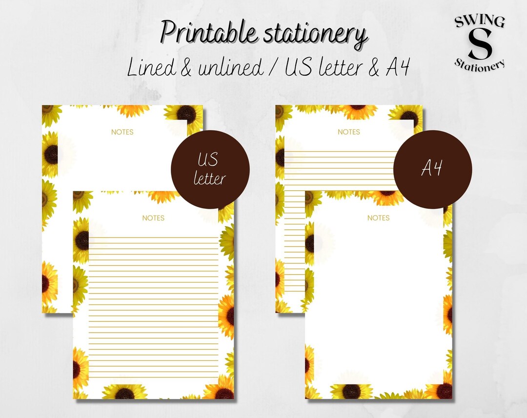 Sunflower Printable Writing Paper, Sunflower Downloadable Note Paper ...