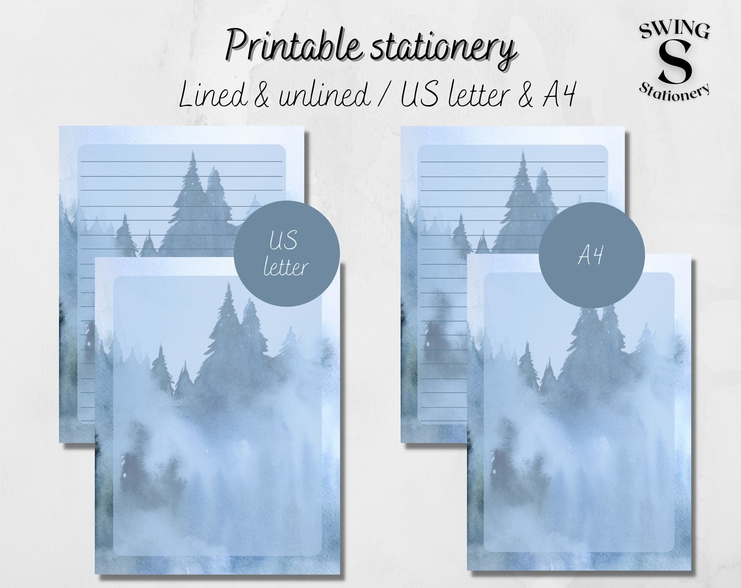 Scenic Trees Printable Writing Paper, Downloadable Foggy Mountains ...