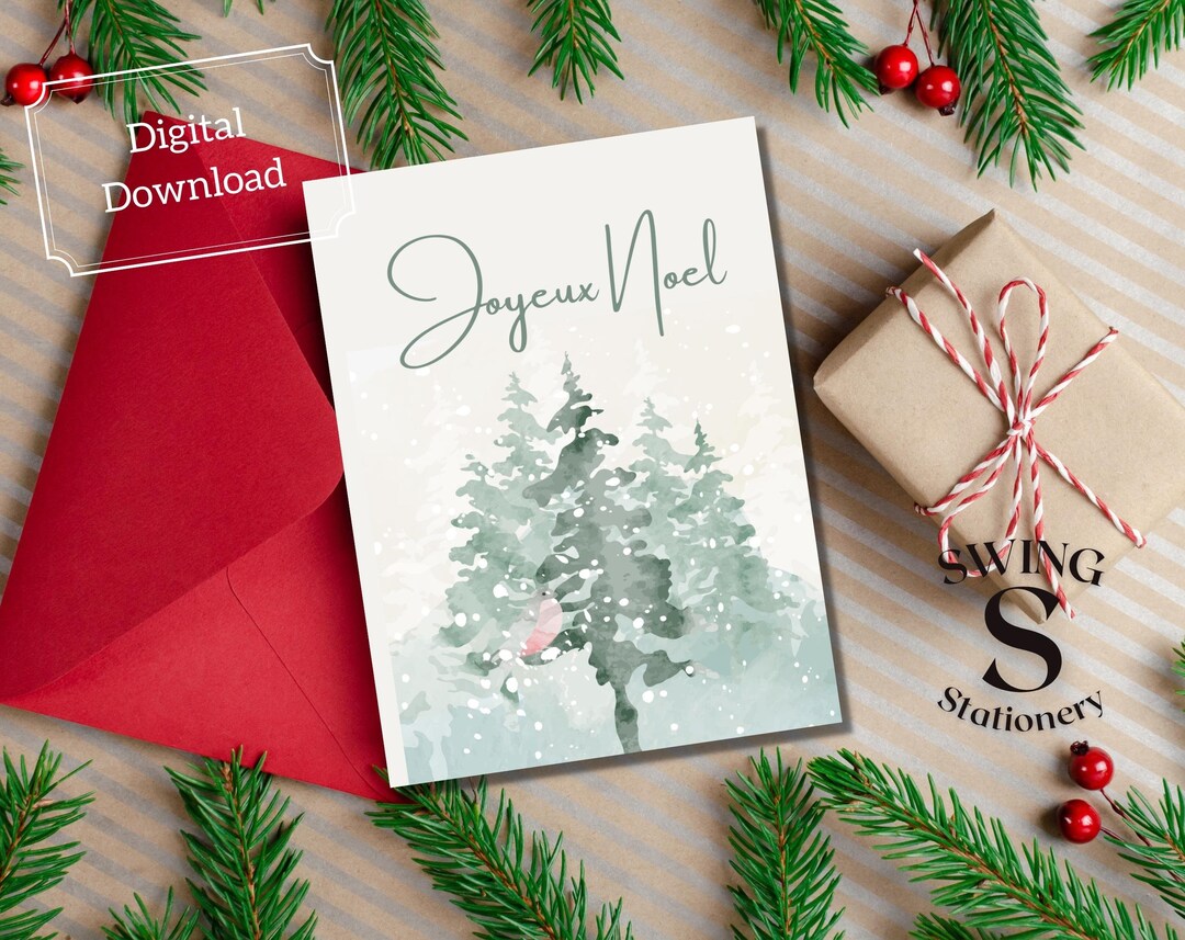 Joyeux Noel Printable, Watercolor Xmas Card, Forest Christmas Card ...