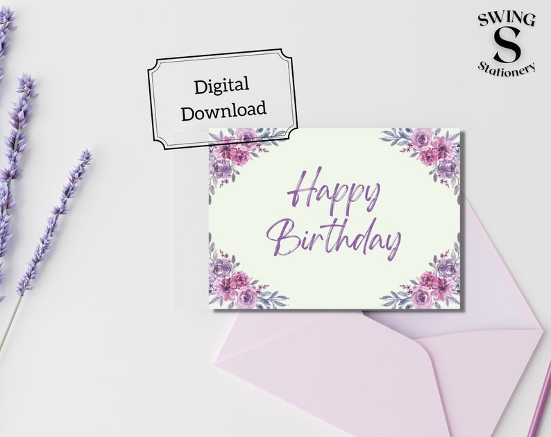 Printable Purple Birthday Card, Purple Birthday Printable, Elegant ...