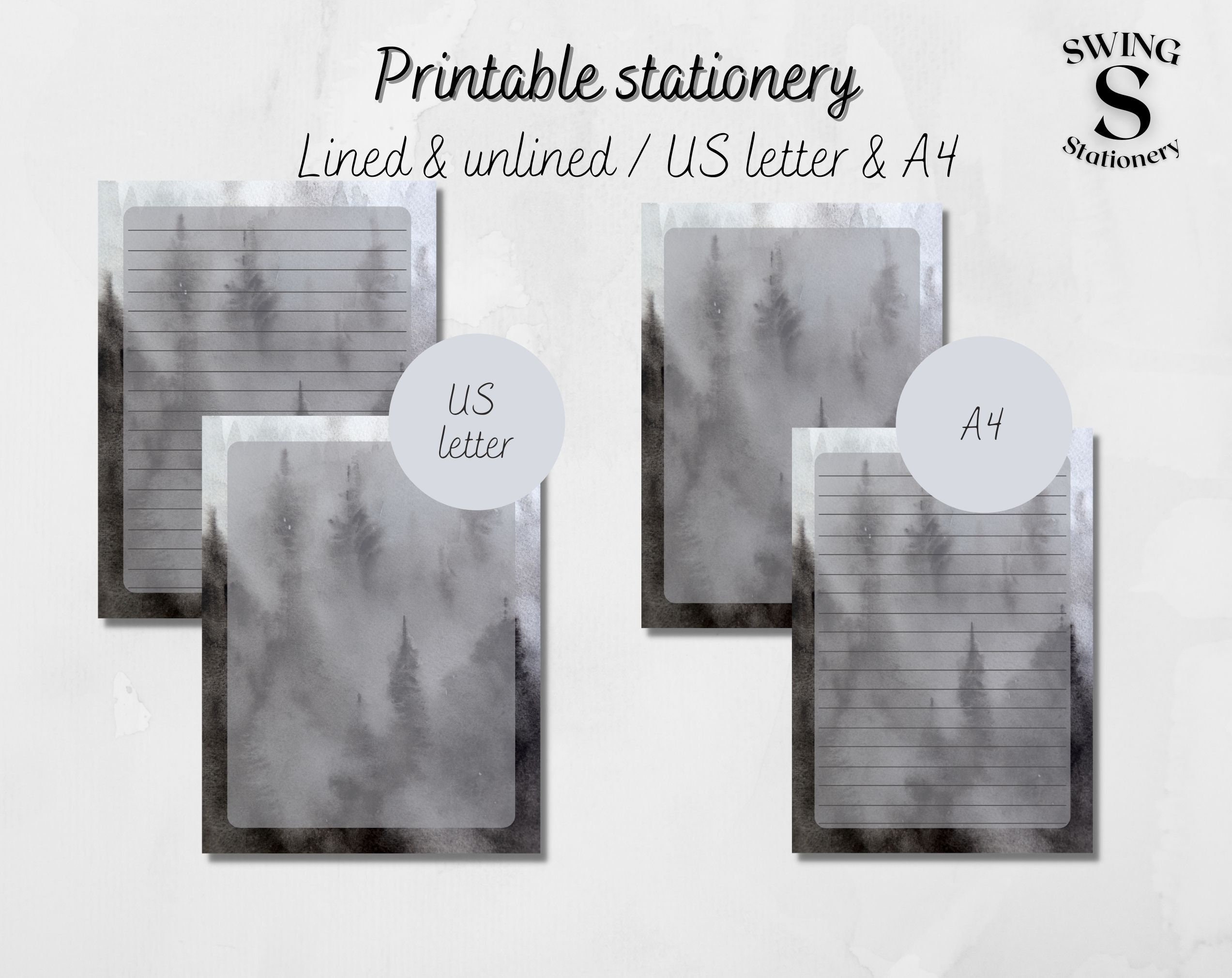 Scenic Trees Printable Writing Paper, Downloadable Foggy Mountains ...