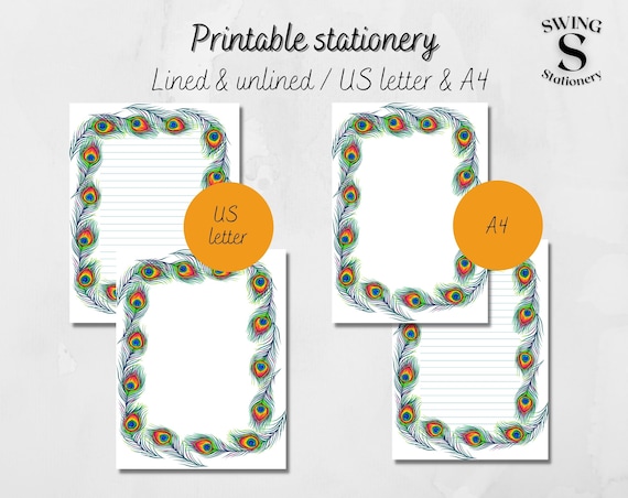 Peacock Feather Writing Paper Printable Letter Paper | Etsy