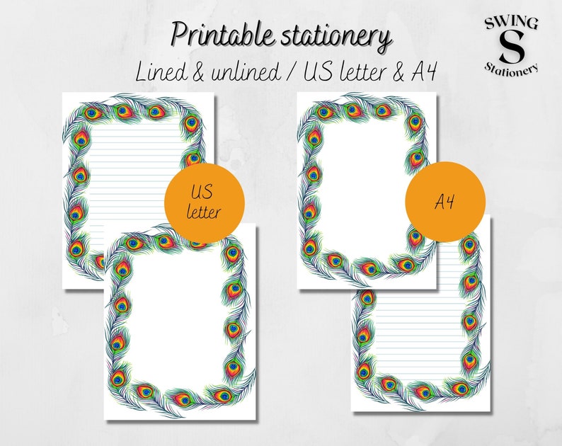 Peacock Feather Writing Paper, Printable Letter Paper, Downloadable ...