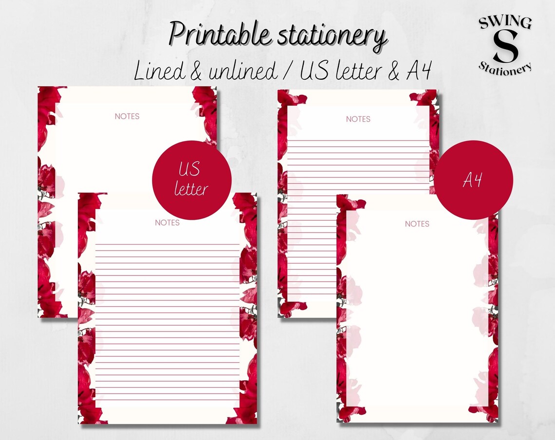 Roses Printable Writing Paper, Red Rose Downloadable Note Paper, Red ...