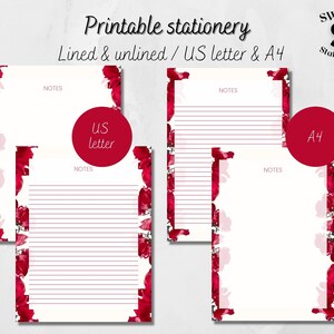 Roses Printable Writing Paper, Red Rose Downloadable Note Paper, Red ...
