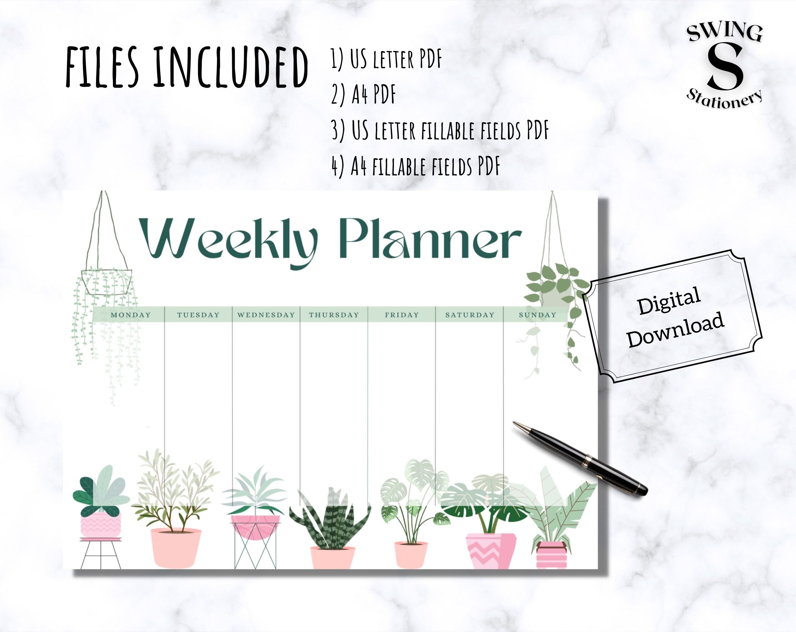 Weekly Planner Printable Landscape, Hanging Plants Weekly Schedule ...