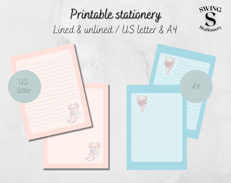 Axolotl Printable Writing Paper, Printable Letter Paper, Downloadable ...