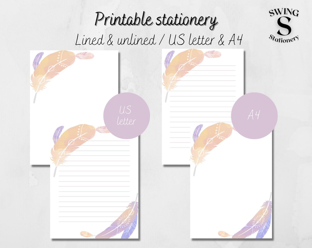 Feather Printable Writing Paper, Feathery Note Paper, Boho Stationery ...