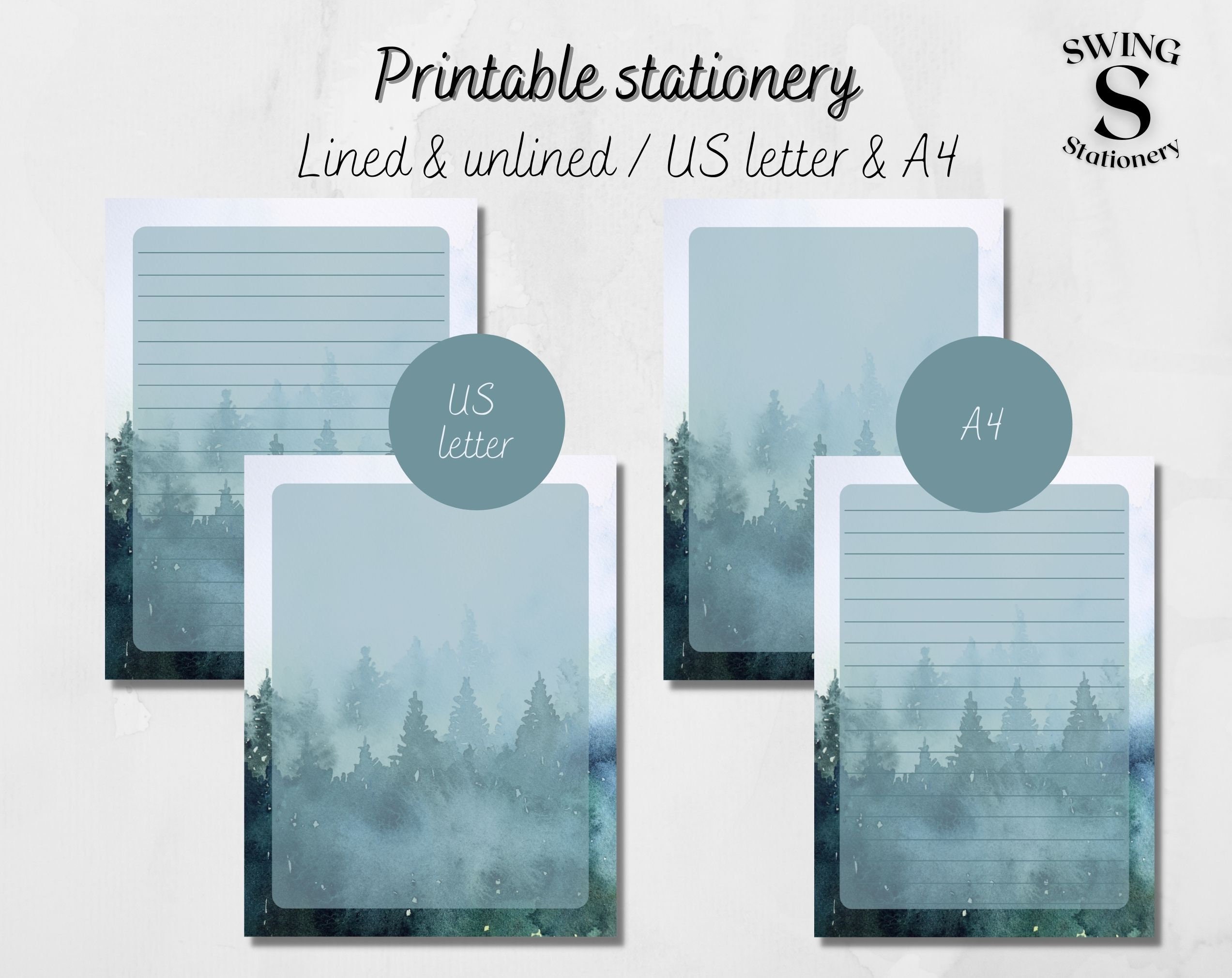 Scenic Trees Printable Writing Paper, Downloadable Foggy Mountains ...