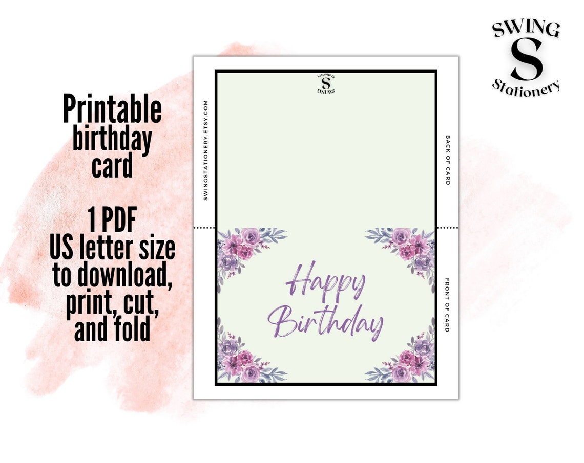 Printable Purple Birthday Card, Purple Birthday Printable, Elegant ...