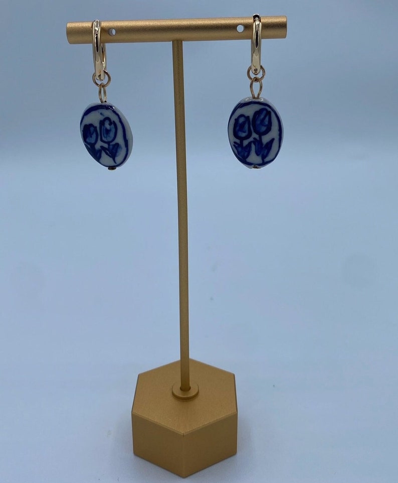 Ceramic Dangle Hoop Tulip Earrings, Delft Blue Jewelry, Dutch Earrings ...