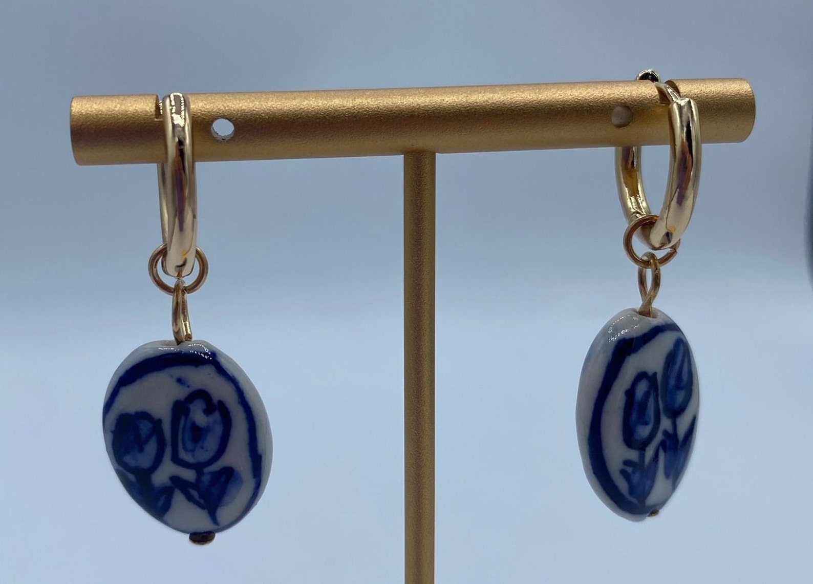 Ceramic Dangle Hoop Tulip Earrings, Delft Blue Jewelry, Dutch Earrings ...