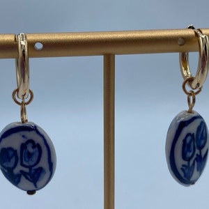 Ceramic Dangle Hoop Tulip Earrings, Delft Blue Jewelry, Dutch Earrings ...