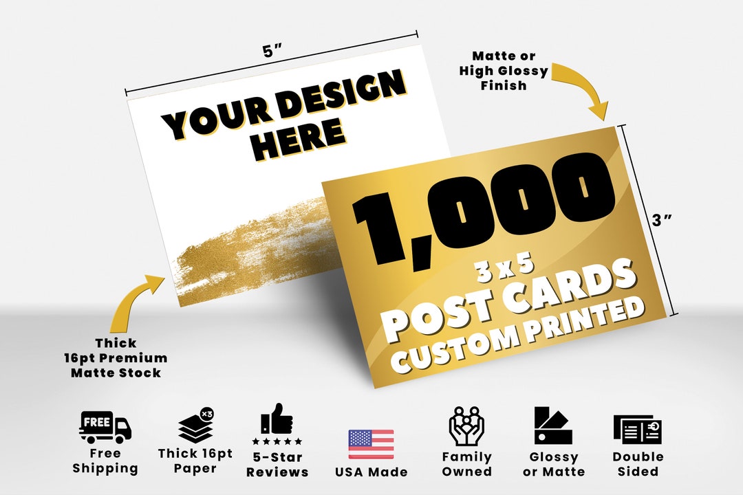 1000 3" X 5" Printed Postcards, Thick 16pt Custom Postcards, Full Color ...